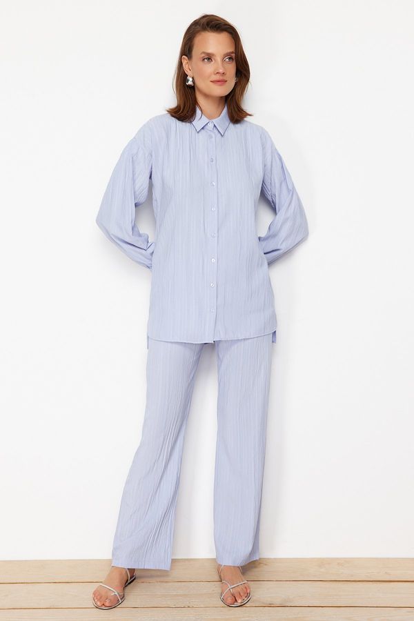TRENDYOL LIGHT BLUE LONG BACK WIDE LEG SHIRT-PANTS WEAVE SUIT