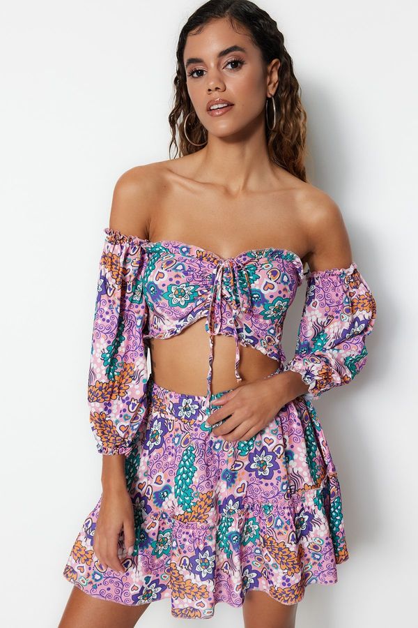 TRENDYOL FLORAL PATTERN WOVEN FRILL BLOUSE AND SKIRT SET