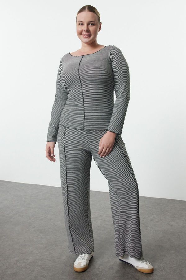 TRENDYOL CURVE BLACK-WHITE STRIPED KNITTED PLUS SIZE TOP-BOTTOM SET