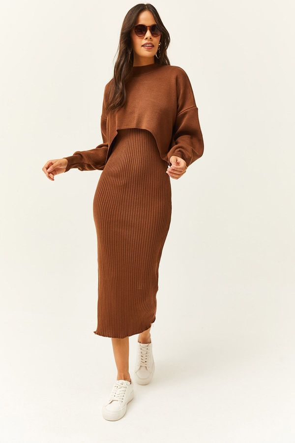 OLALOOK WOMEN'S BITTER BROWN TOP CROP SWEATER BOTTOM STRAP DRESS KNITWEAR SUIT