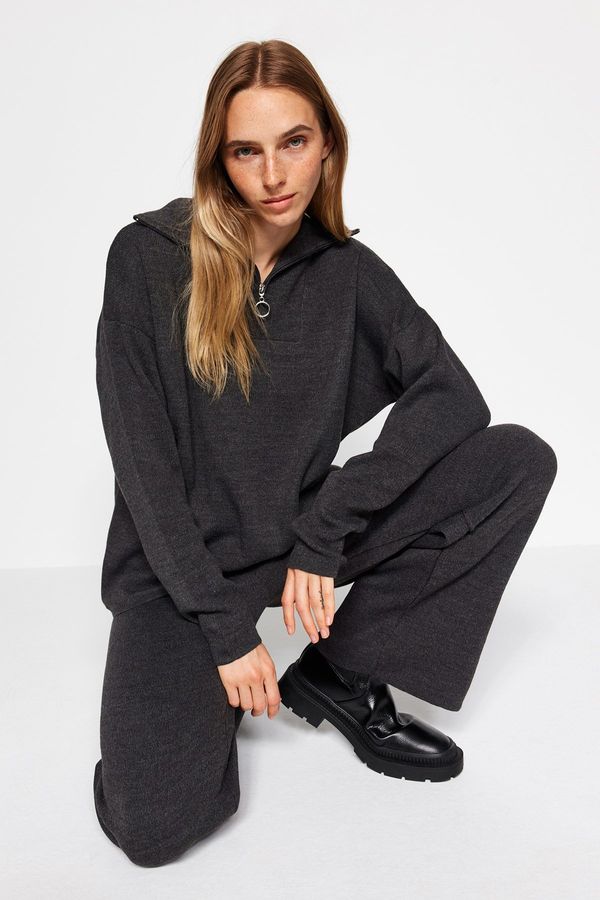 TRENDYOL ANTHRACITE WIDE FIT ZIPPERED KNITWEAR BOTTOM-TOP SET