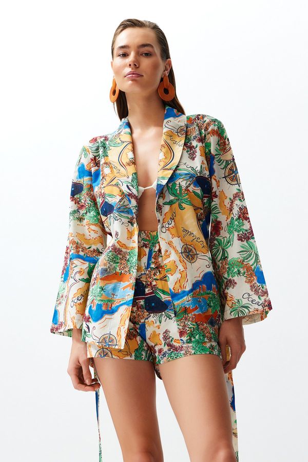 TRENDYOL TROPICAL PATTERNED BELTED WOVEN 100% COTTON KIMONO SHORTS SET