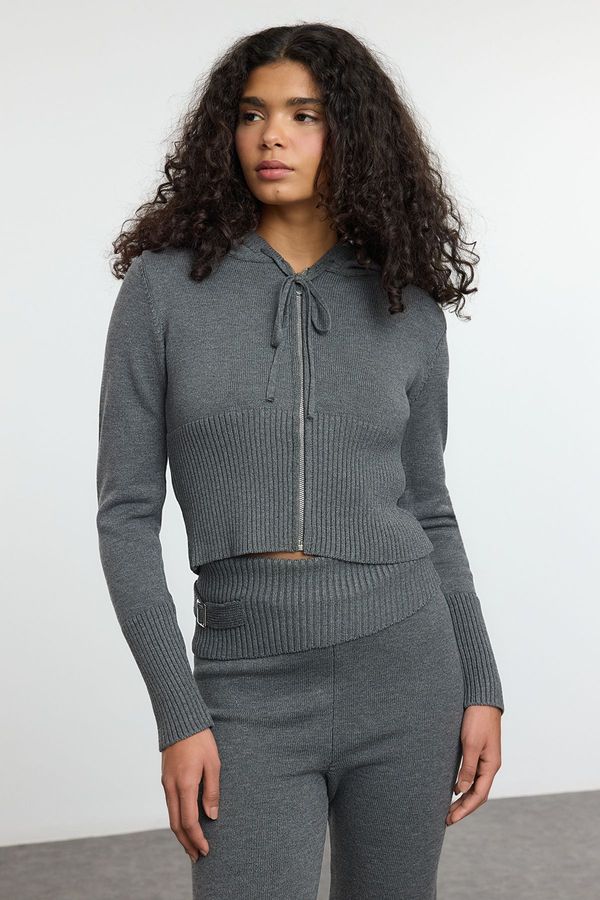 TRENDYOL ANTHRACITE PREMIUM YARN/SPECIAL YARN HOODED KNITWEAR BOTTOM-TOP SET