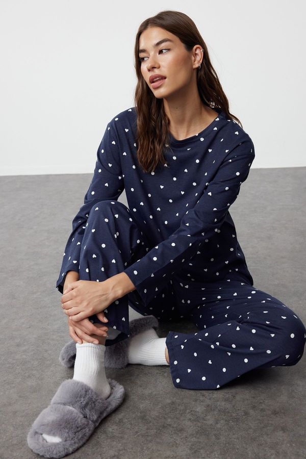 TRENDYOL NAVY BLUE 100% COTTON POLKA DOT AND HEART PATTERNED KNITTED PAJAMA SET