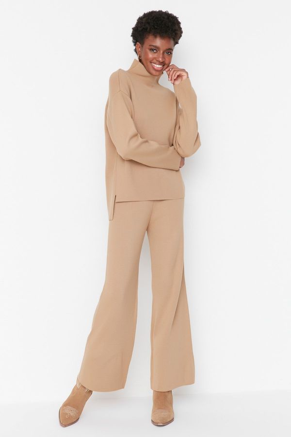TRENDYOL CAMEL STAND COLLAR KNITWEAR TOP-BOTTOM SET