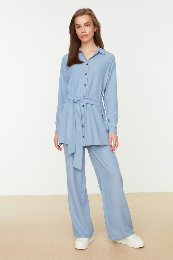 TRENDYOL BLUE BELTED WIDE LEG WEAVE AEROBIN SHIRT-PANTS SET