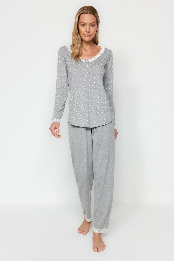 TRENDYOL GRAY POLKA DOT LACE T-SHIRT-PANTS KNITTED PAJAMA SET