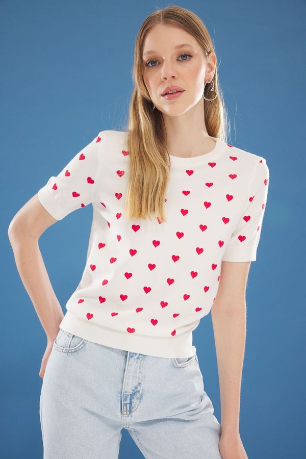 TRENDYOL BONE HEART PRINTED KNIT BLOUSE