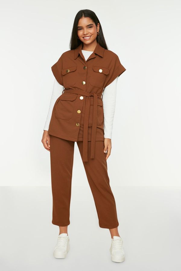 TRENDYOL CAMEL GOLD BUTTONED VEST-PANTS KNITTED SUIT
