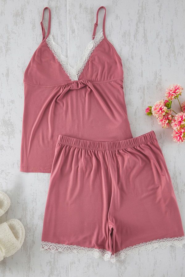 TRENDYOL CURVE DUSTY ROSE V NECK LACE DETAIL VISCOSE KNITTED PAJAMA SET