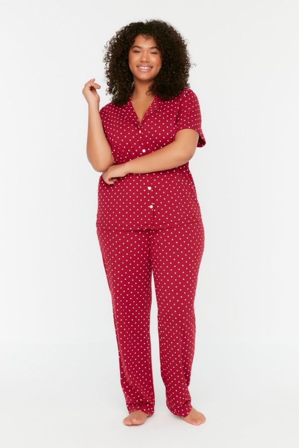 TRENDYOL CURVE CLARET RED POLKA DOT PATTERNED SHIRT COLLAR KNITTED PAJAMA SET