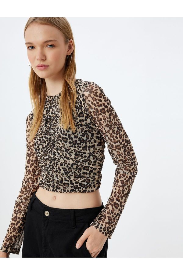 KOTON LEOPARD TULLE BLOUSE CROP LONG SLEEVE CREW NECK GATHERED