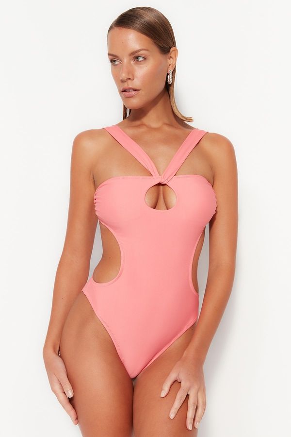 TRENDYOL PINK STRAPLESS CUT OUT/WINDOWED HIGH LEG SWIMSUIT