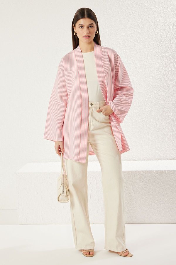 TRENDYOL PINK BELTED WOVEN SEERSUCKER STRIPED KIMONO & KAFTAN