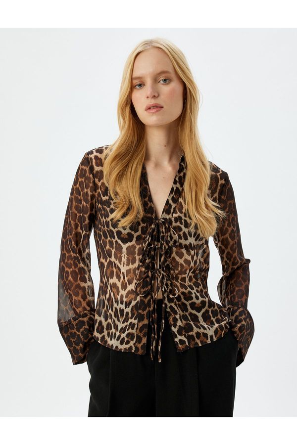 KOTON FRONT TIE BOW DETAILED TRANSPARENT TULLE LEOPARD PATTERNED BLOUSE