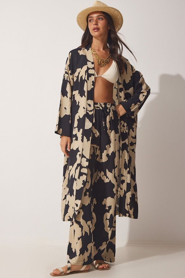 HAPPINESS İSTANBUL WOMEN'S BLACK BEIGE PATTERNED VISCOSE KIMONO PALAZZO TROUSERS SET