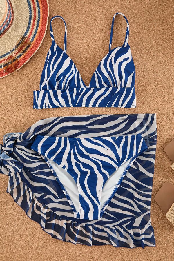 TRENDYOL BLUE-MULTI COLORFUL GEOMETRIC DIVER/SCUBA STRAPPY BIKINI ABOVE
