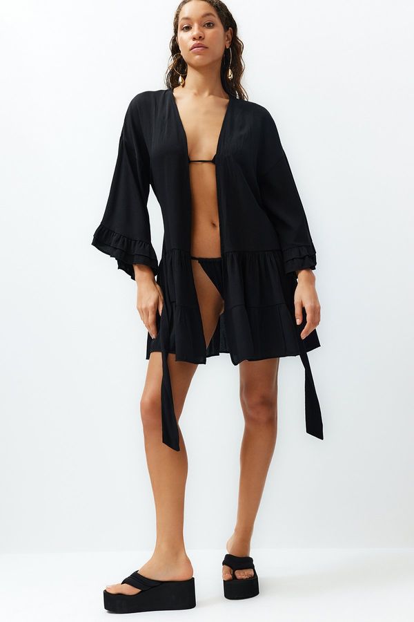 TRENDYOL BLACK BELTED MINI WOVEN FRILLY KIMONO & KAFTAN