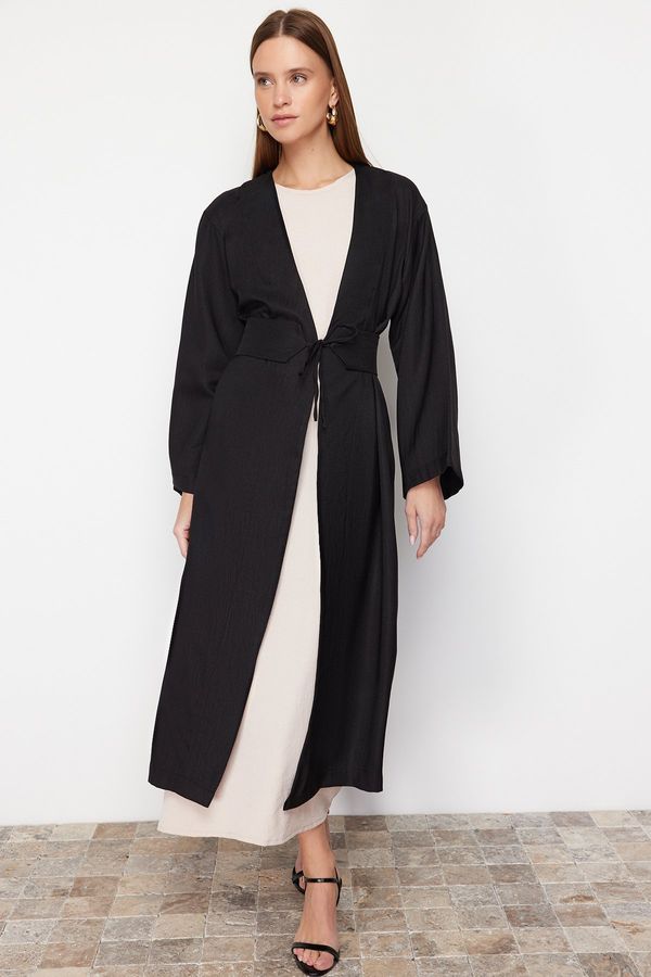 TRENDYOL BLACK LINEN LOOK WOVEN KIMONO & KAFTAN WITH TIE-UP DETAIL ON THE WAIST