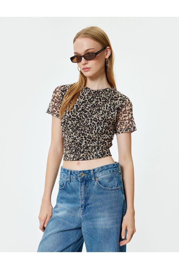 KOTON CHIFFON BLOUSE LEOPARD PATTERNED SHORT SLEEVE GATHERED CREW NECK