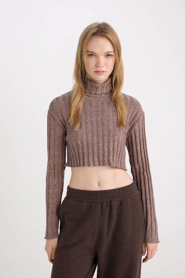 DEFACTO COOOL TURTLENECK CROP TOP BASIC PLAIN RIBBED CAMISOLE LONG SLEEVE T-SHIRT E1673AX24WN