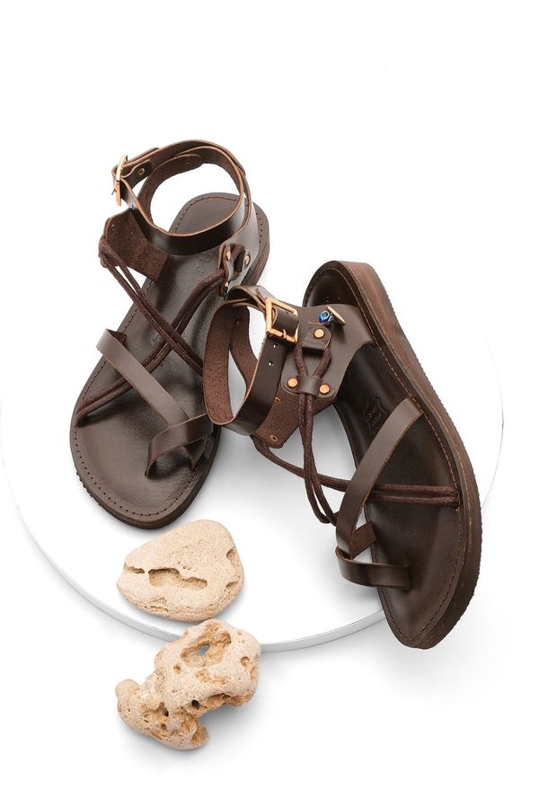 MARJIN WOMEN'S GENUINE LEATHER ACCESSORIED EVA SOLE WITH CROSSED THREADS DETAIL DAILY SANDALS RIVADE BROWN.