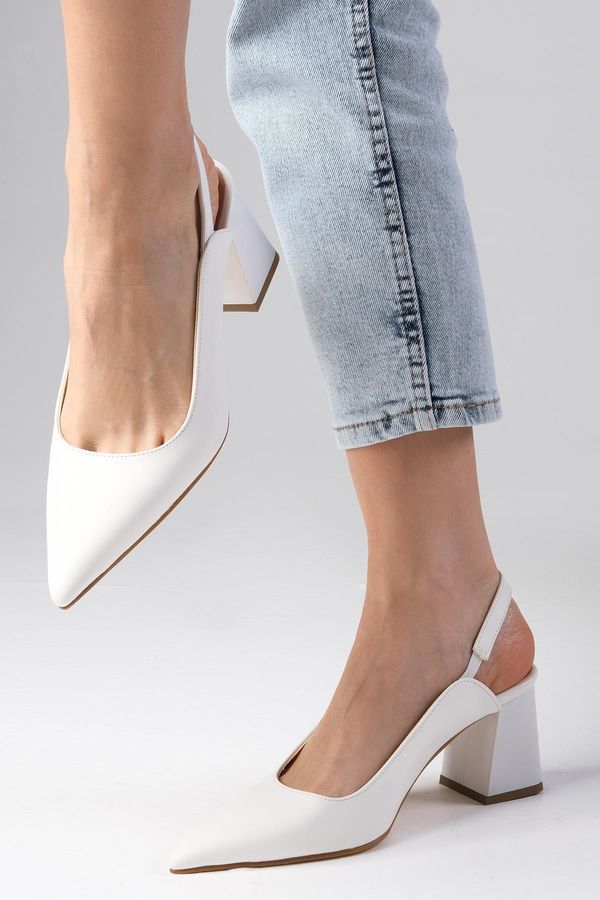 MIO GUSTO ANETTE WHITE COLOR POINTED TOE OPEN BACK THICK HEELED SHOES