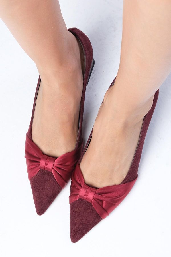 MIO GUSTO ROSE CLARET RED SUEDE POINTED TOE SATIN BOW THICK HEEL WOMEN'S HEELED SHOES