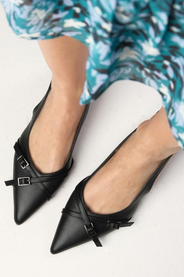 MIO GUSTO LEIA BLACK COLOR OPEN BACK POINTED TOE SHORT HEELED WOMEN'S SHOES