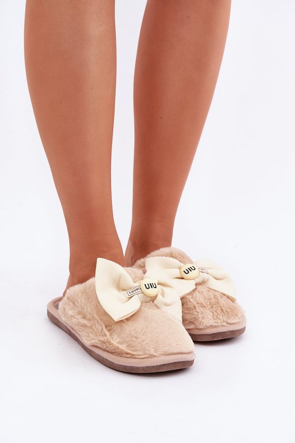 MARKA NIEZDEFINIOWANA WOMEN'S SLIPPERS WITH FUR AND BOW BEIGE OLFEDI