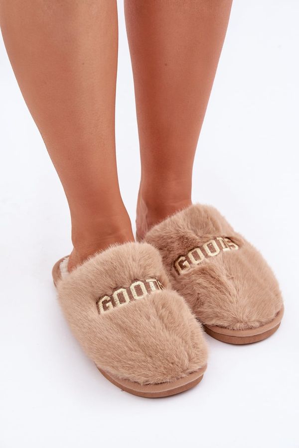 MARKA NIEZDEFINIOWANA LADIES SLIPPERS WITH FUR AND TEXT BROWN KALELIA