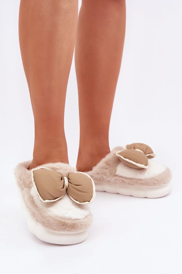 MARKA NIEZDEFINIOWANA FURRY SLIPPERS WITH BOW BEIGE GRILIS