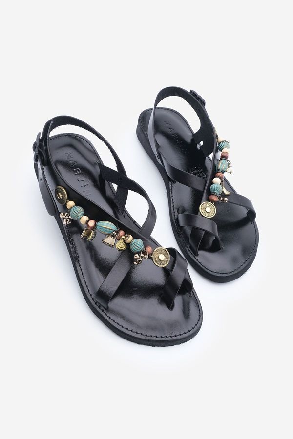 MARJIN WOMEN'S GENUINE LEATHER ACCESSORY EVA SOLE FLIP-FLOPS DAILY SANDALS DEVILA BLACK
