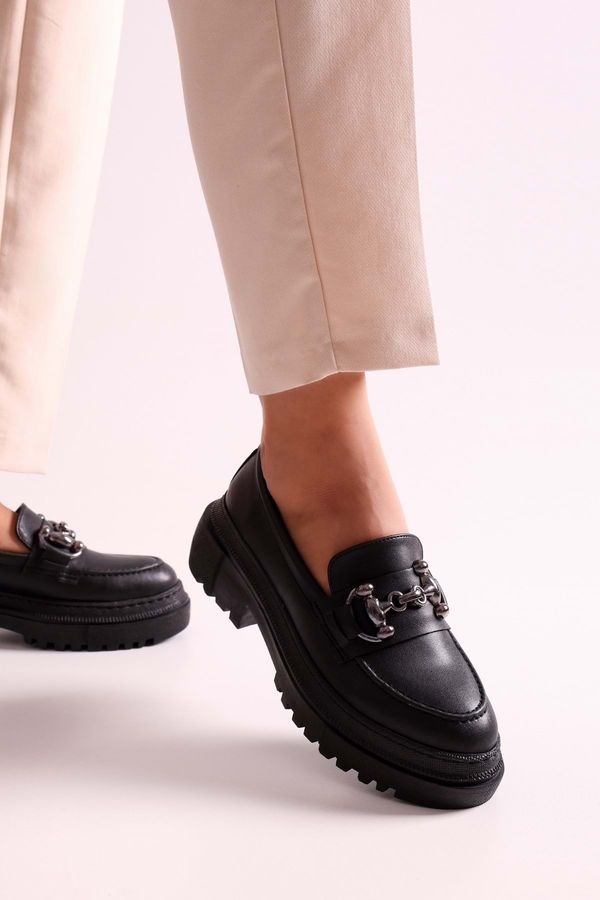 SHOEBERRY WOMEN'S REX BLACK SKIN LOAFERS WITH THICK SOLES AND BUCKLES. BLACK SKIN.