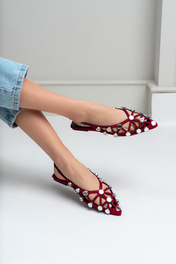 NİŞANTAŞI SHOES PATRICE RED SUEDE STONE DETAIL GENUINE LEATHER FLAT SOLE WOMEN'S SANDALS