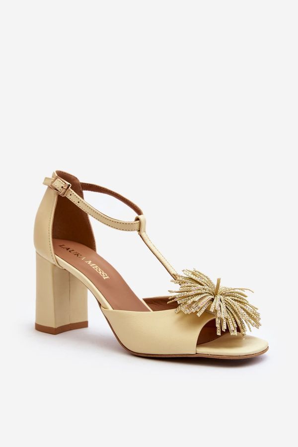 LEATHER SANDALS WITH HEEL AND DECORATION LAURA MESSI 2758 BEIGE
