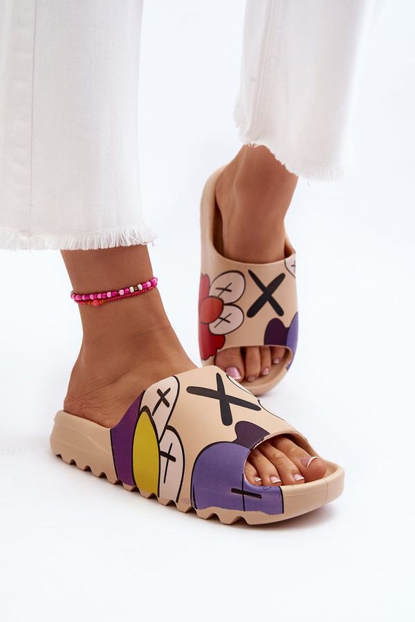 PS1 RUBBER SLIPPERS WITH DARK BEIGE PRINT MONSTERS