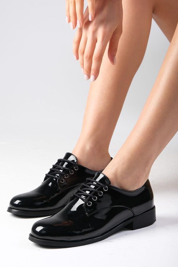 MIO GUSTO BERTA BLACK COLOR PATENT LEATHER WOMEN'S OXFORD FLAT SHOES