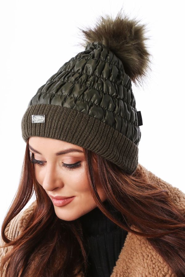 WINTER NYLON BEANIE WITH POMPOM, DARK GREEN