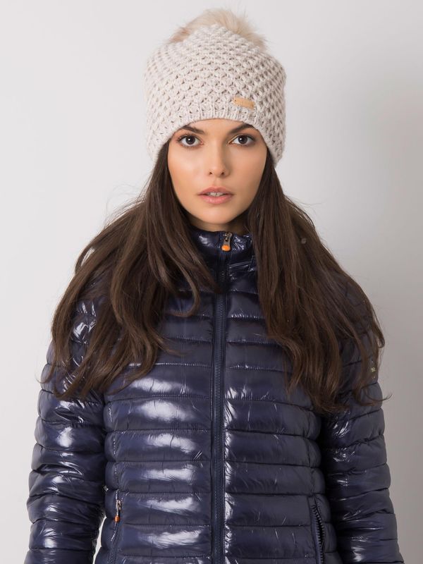 LADY'S BEIGE BEANIE WITH POMPOM