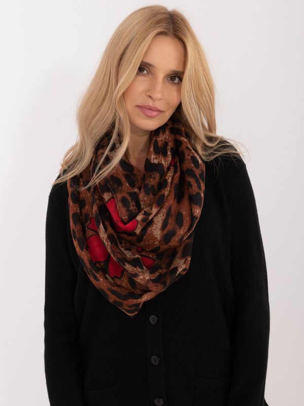 BROWN WOMEN'S SCARF WITH FLOWERS AND LEOPARD PRINT