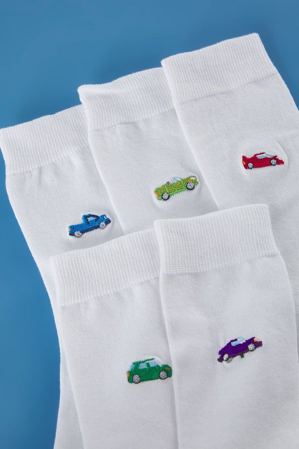 TRENDYOL WHITE UNISEX 5 PACK COLLEGE/TENNIS/MEDIUM EMBROIDERED COTTON SOCKS