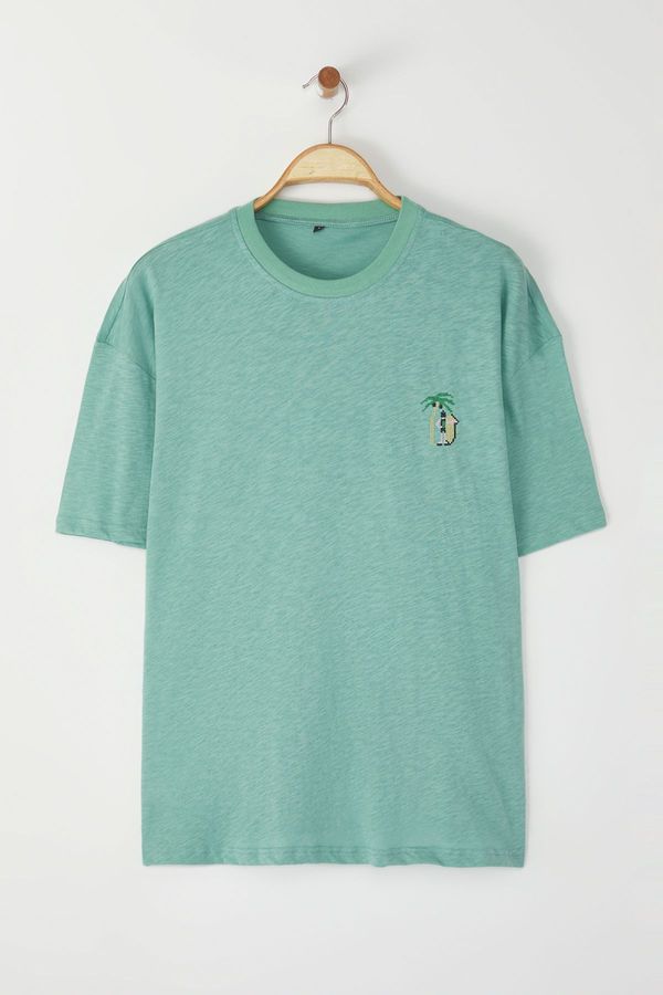 TRENDYOL MINT OVERSIZE/WIDE CUT PALM EMBROIDERED 100% COTTON T-SHIRT