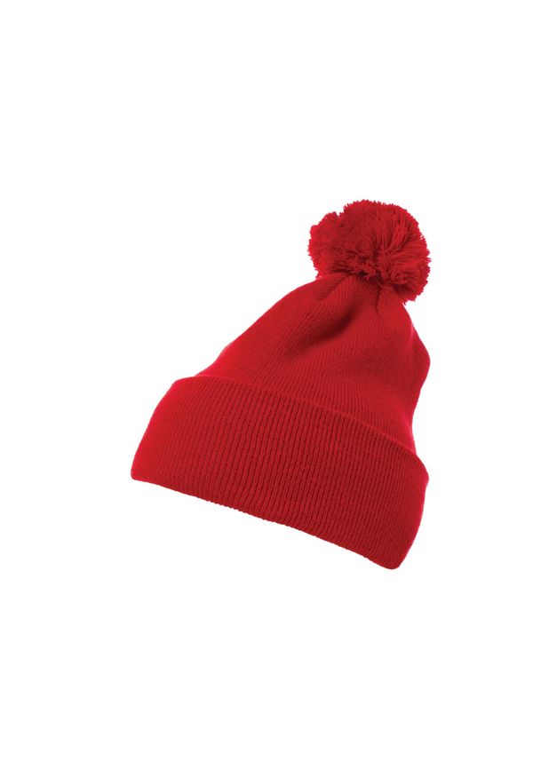 POM POM KNIT HAT WITH CUFF RED