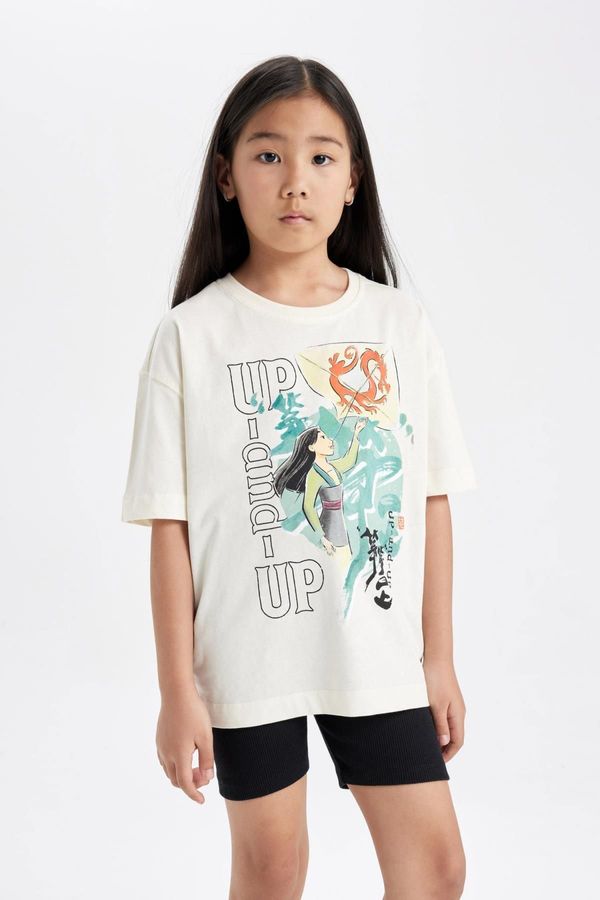 DEFACTO GIRLS DISNEY MULAN OVERSIZE WIDE PATTERN CREW NECK SHORT SLEEVE T-SHIRT