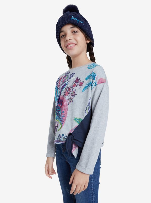BLUE-GRAY PATTERNED GIRL'S T-SHIRT WITH TIE DESIGUAL EDIMBURG - GIRLS