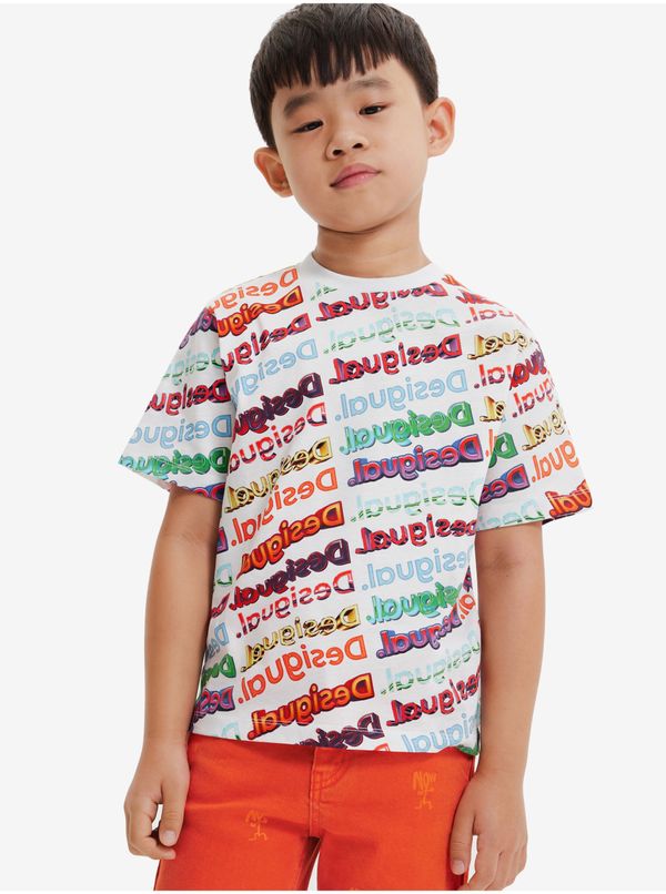 WHITE KIDS PATTERNED T-SHIRT DESIGUAL LOGOMANIA - BOYS
