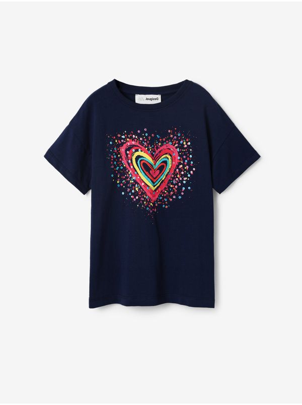 DARK BLUE GIRLS' T-SHIRT DESIGUAL HEART - GIRLS