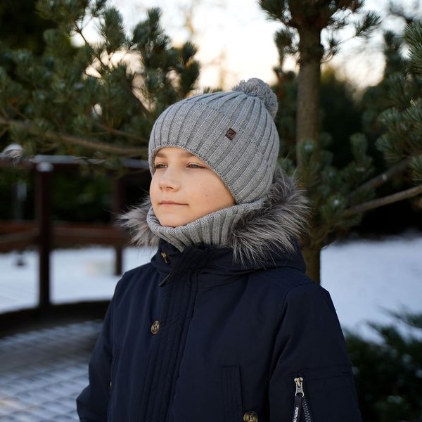 AGBO BOY'S WINTER SET: HAT AND TUBE SCARF BLUE WILIAM WITH POMPOM