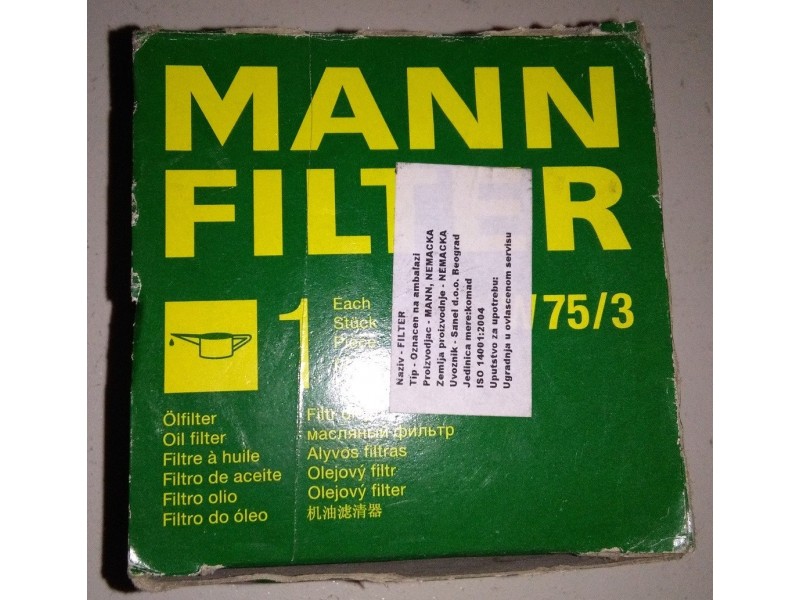 Mann Filter za ulje W 75/3 (Nemačka), NOVO !